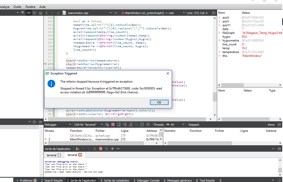 application crash when setCentralWidget(chartView) at the second time ...
